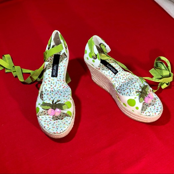 kenzie | Shoes | Kenzie Polka Dot White Pink Green Wedge Tie Heel 6 ...
